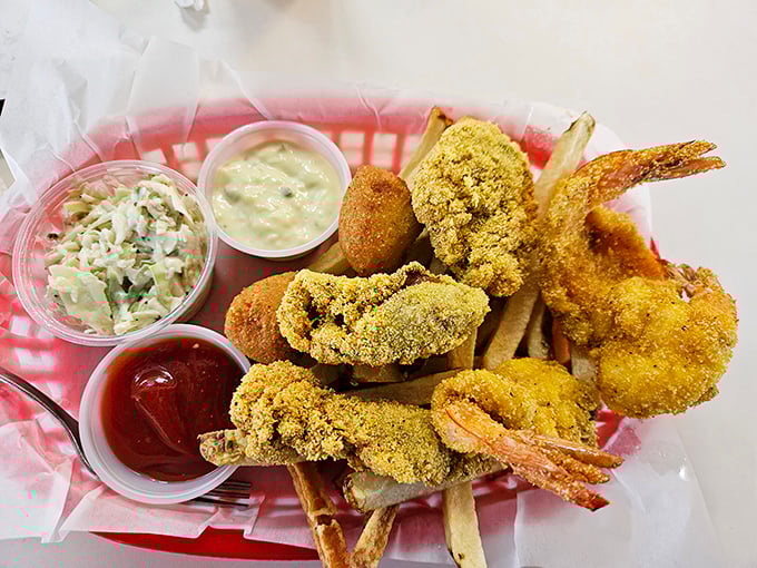 A seafood platter that makes you want to send a thank-you note to the Gulf of Mexico. Three dipping sauces because life is about choices.