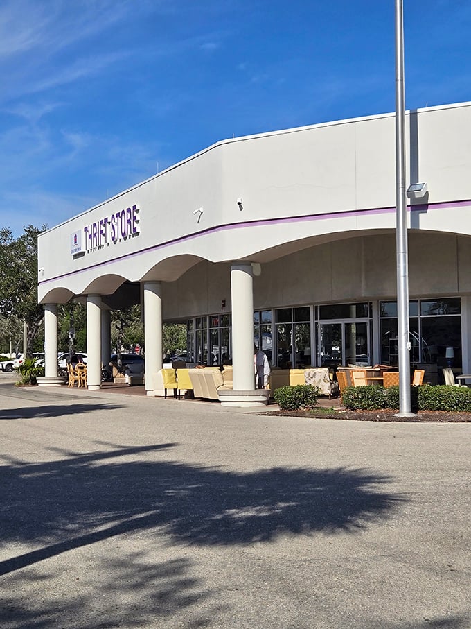The store's exterior showcases furniture finds too good to keep inside, like an appetizer before the main course of bargains awaiting within.