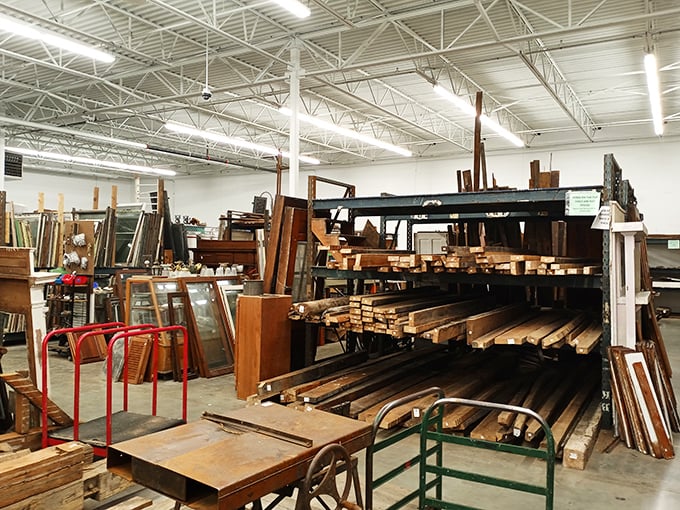 Raw lumber and furniture parts await transformation – DIY paradise for those who remember shop class fondly.