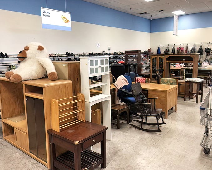 Furniture island—where that perfect nightstand hides between a teddy bear, rocking chair, and someone's abandoned DIY project.
