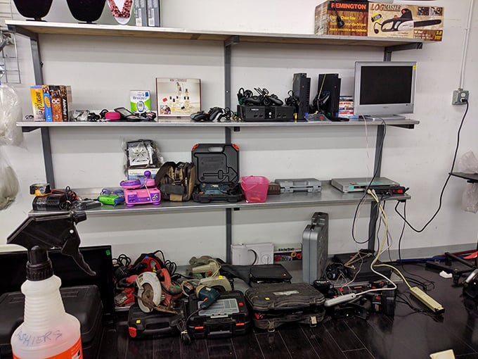 Tools and tech from every era coexist in beautiful harmony. That VCR might just contain someone's forgotten wedding video or episode of "Dallas."