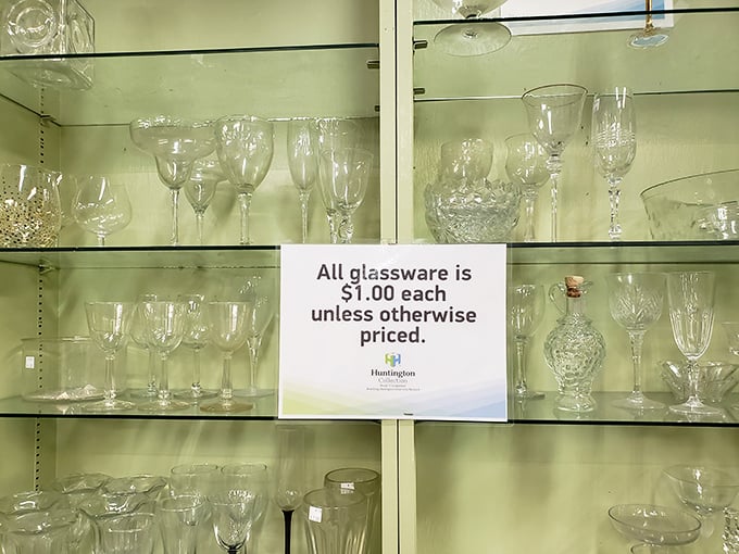 Crystal and glassware that once toasted special moments now priced at $1 each—champagne taste finally meets beer budget.
