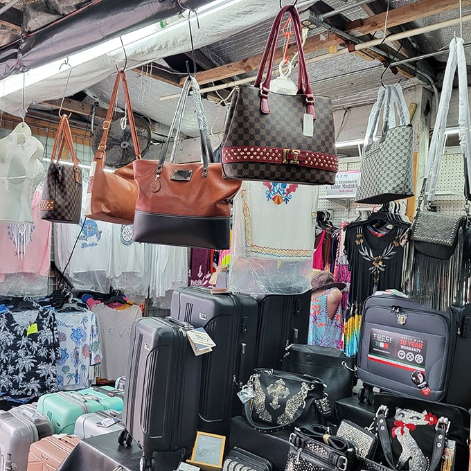 Handbag heaven hanging from the rafters—where fashion meets function and "just one more purse" becomes your shopping mantra.