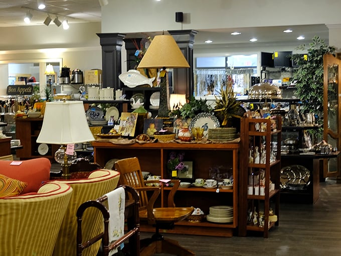 Lamps, dishes, and décor arranged with such care you'll forget you're in a thrift store and not a boutique home goods emporium.