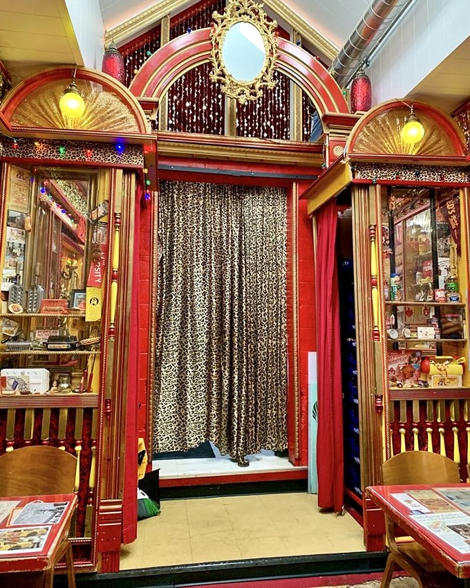 Leopard print curtains and ornate gold archways—because even hot dogs deserve a theatrical entrance before their grand performance on your taste buds.