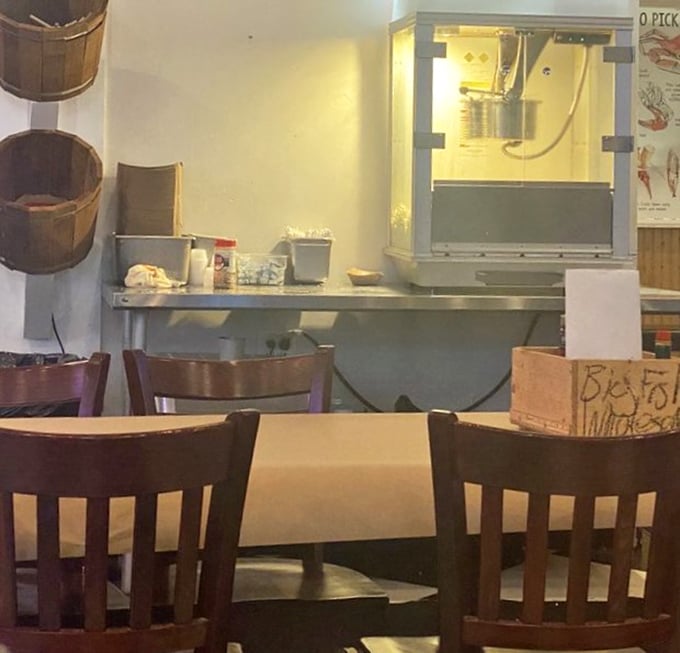 Simple interiors with wooden accents keep the focus where it belongs—on the spectacular seafood heading to your table.