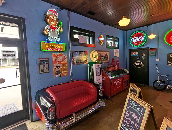 The car-themed couch isn't just seating—it's front-row tickets to the greatest show on earth: American diner culture in full swing.