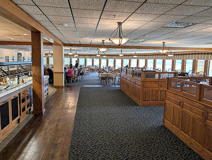 Another view of the spacious dining area reveals the clever layout that somehow makes a restaurant serving hundreds feel as intimate as a family kitchen.