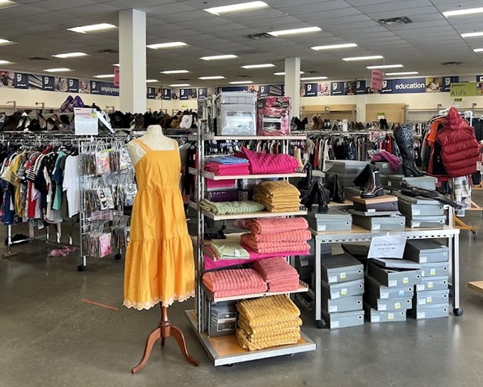 Retail therapy with a conscience – organized racks and mannequins showcase the surprisingly stylish potential of secondhand shopping.