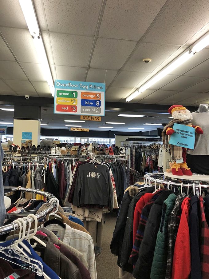 The color-coded tag system brings order to the treasure hunt, while winter jackets stand ready for their second chance at keeping Iowans warm.