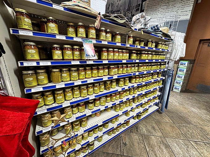A wall of jarred pickles and preserves stands as a testament to Central Texas's preservation prowess – edible souvenirs that tell delicious stories.
