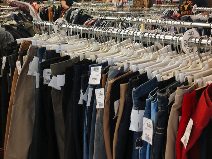 Denim democracy in action—jeans of every wash, cut, and era, meticulously organized for those who take their pants-hunting seriously.