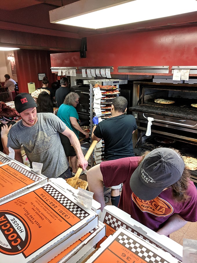 Behind the scenes where pizza magic happens—a choreographed dance of dough, sauce, and cheese that's been perfected over generations.