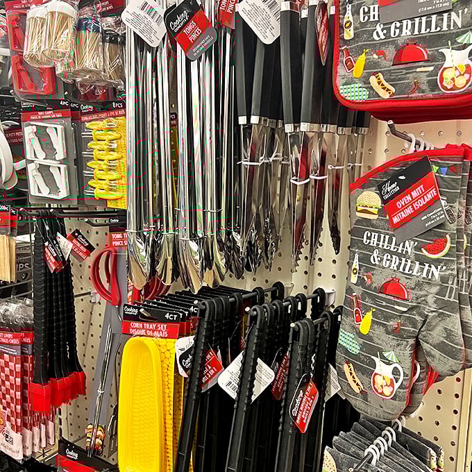Kitchen gadgets and grilling tools displayed with intimidating efficiency, turning casual browsers into culinary equipment collectors instantly.