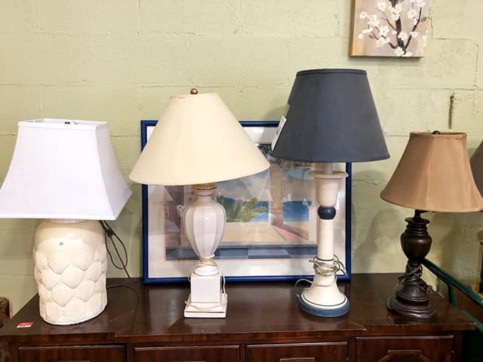 The lamp section illuminates possibilities—from classic white ceramics to traditional wooden bases, each waiting to brighten someone's corner.