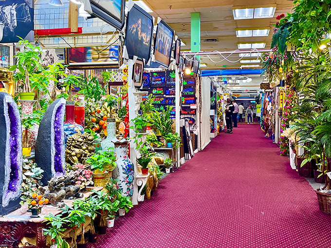 A corridor of artificial foliage and crystal formations—nature reimagined in a place where real plants would need their own water rights attorney.