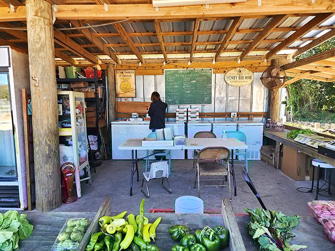 Farm commerce at its most honest—a simple chalkboard, fresh vegetables, and the satisfying absence of self-checkout machines.