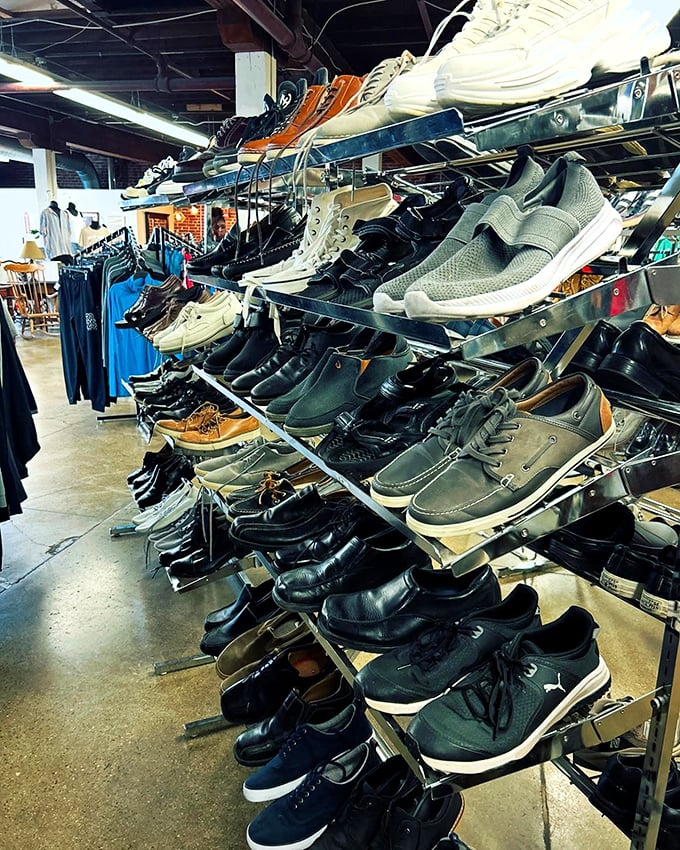 These shoes weren't made for walking away from—rows of barely-worn footwear prove that one person's closet cleanout is another's style upgrade.
