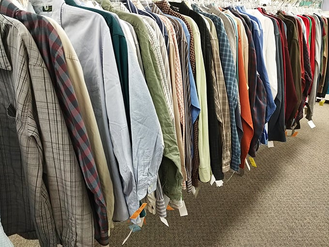 The men's section: where plaid dreams come true and button-downs get their second chance at making first impressions.