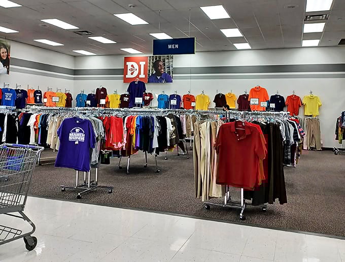 The men's department: where color-coding meets practicality. Like a rainbow of possibilities for the fashion-forward bargain hunter.