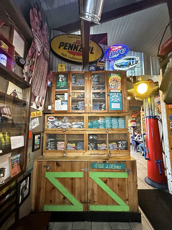 Vintage signs, gas pumps, and enough memorabilia to start a small museum. This isn't decoration – it's a time machine with snacks.