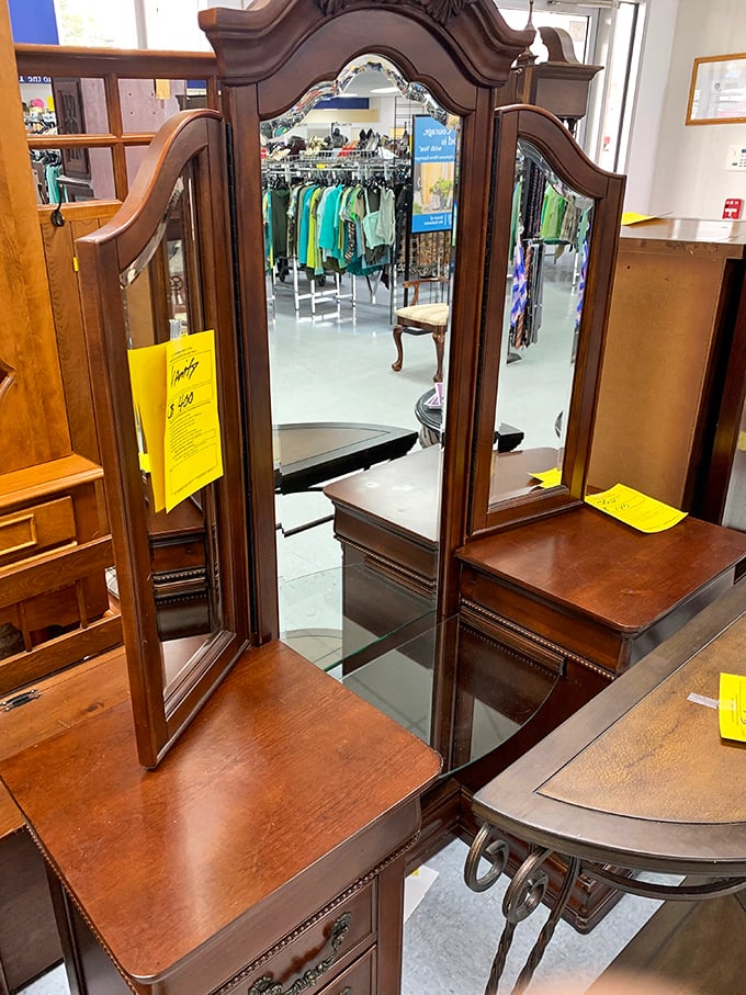 The three-way vanity mirror: where generations of women once applied lipstick and where someone new will soon check their reflection.