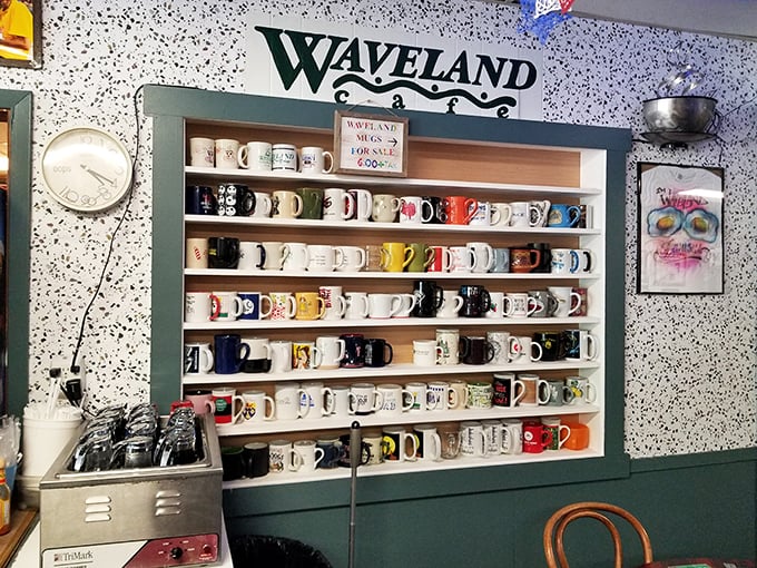The mug collection that tells a thousand stories. Each one has probably witnessed countless morning revelations over bottomless cups of coffee.