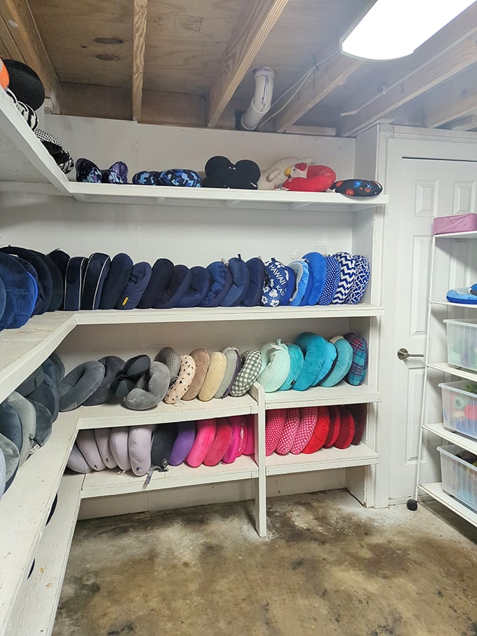 A pillow paradise organized by color – like a designer's mood board for the world's most comfortable nap laboratory.