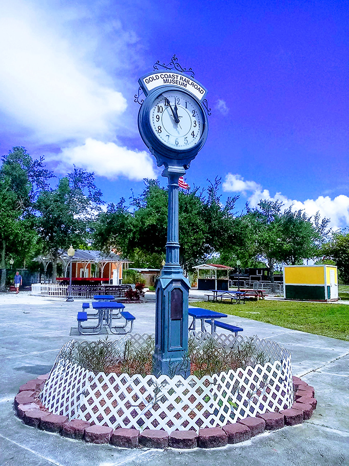 The museum's charming outdoor clock stands sentinel, perhaps reminding visitors that here, time moves at a more leisurely, nostalgic pace.