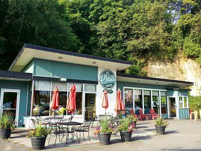 Summer in Minnesota means patio dining at Oasis Cafe. Those red umbrellas have sheltered countless conversations, first dates, and "just one more bite" moments.