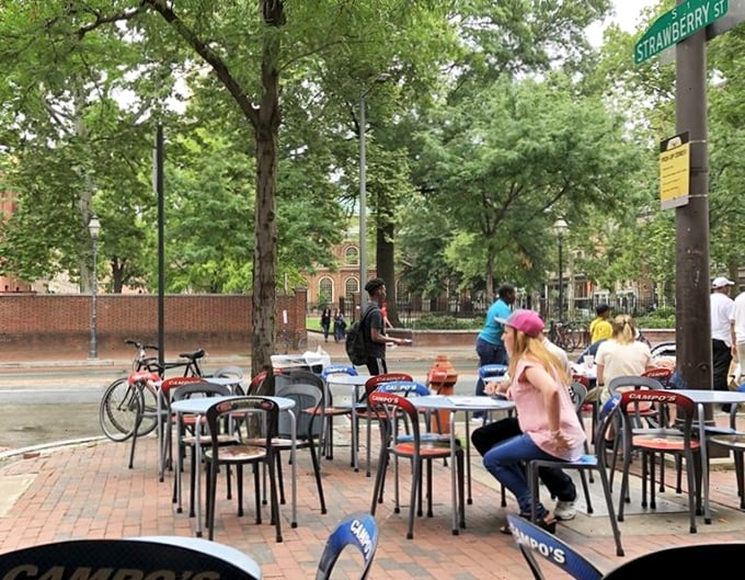 Al fresco dining with a side of history—Campo's outdoor seating offers prime people-watching and the perfect backdrop of Philadelphia's historic district.