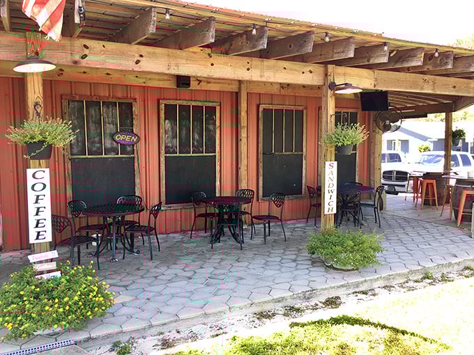 The outdoor seating area practically begs you to bring your coffee and newspaper. Morning meetings have been held in worse places.