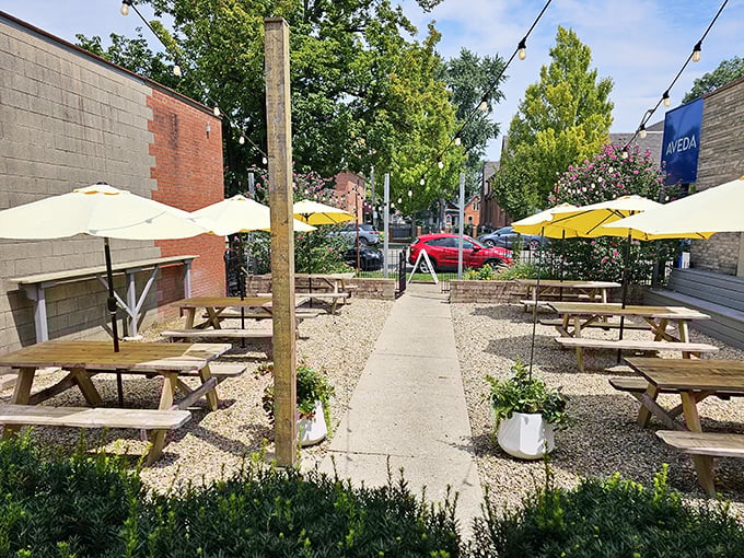 The outdoor patio invites you to enjoy your feast under Ohio skies, with string lights adding just enough ambiance.
