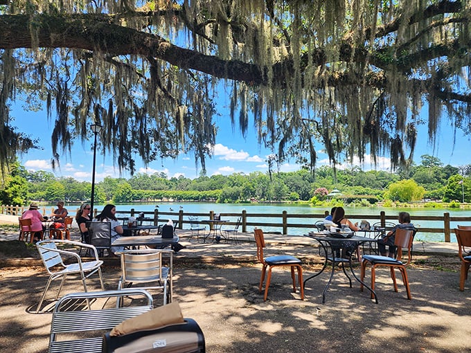 Dining under Spanish moss with Lake Ella as your backdrop—nature's version of dinner theater, with occasional duck appearances.