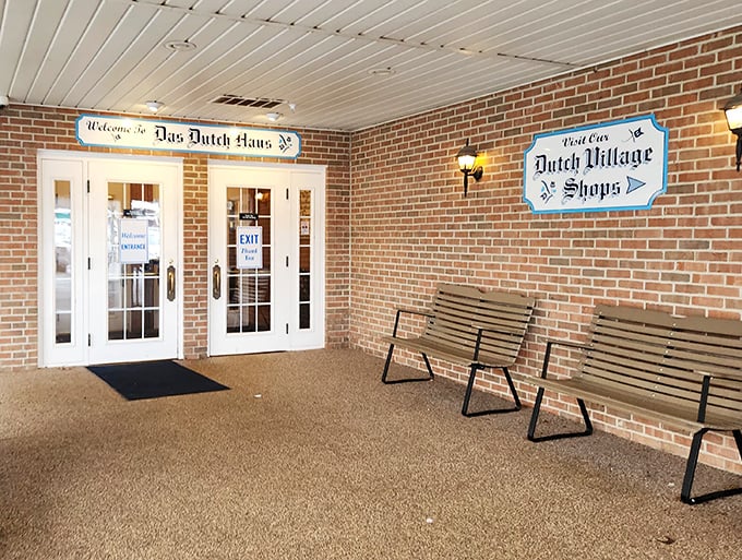 A welcoming entrance with benches that invite you to sit a spell—Amish-inspired hospitality begins before you even step inside.