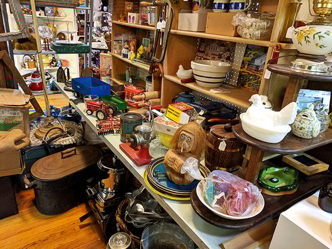 Every shelf holds a chaotic democracy of objects—milk glass chickens voting with toy tractors, coconut heads debating with ceramic bowls.