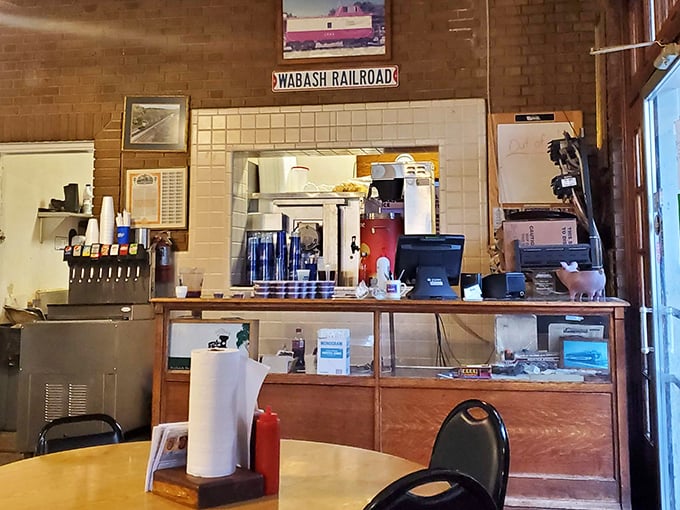 Even the ordering counter pays homage to Wabash's railroad heritage, with the "Wabash Railroad" sign watching over your impending meat selection.