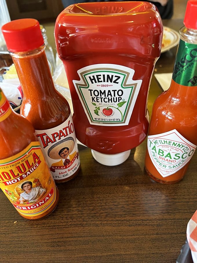 The condiment lineup—like the Avengers of flavor, each bottle ready to transform your meal from great to unforgettable.