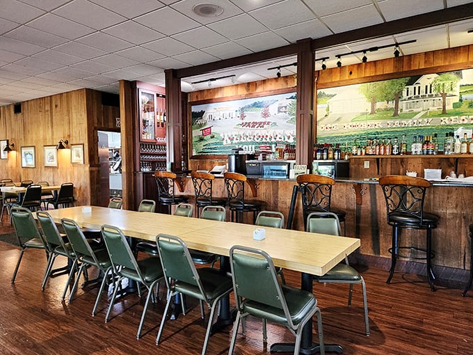 The bar area isn't just for drinks—it's command central for strategic dining plans and post-meal recovery discussions.