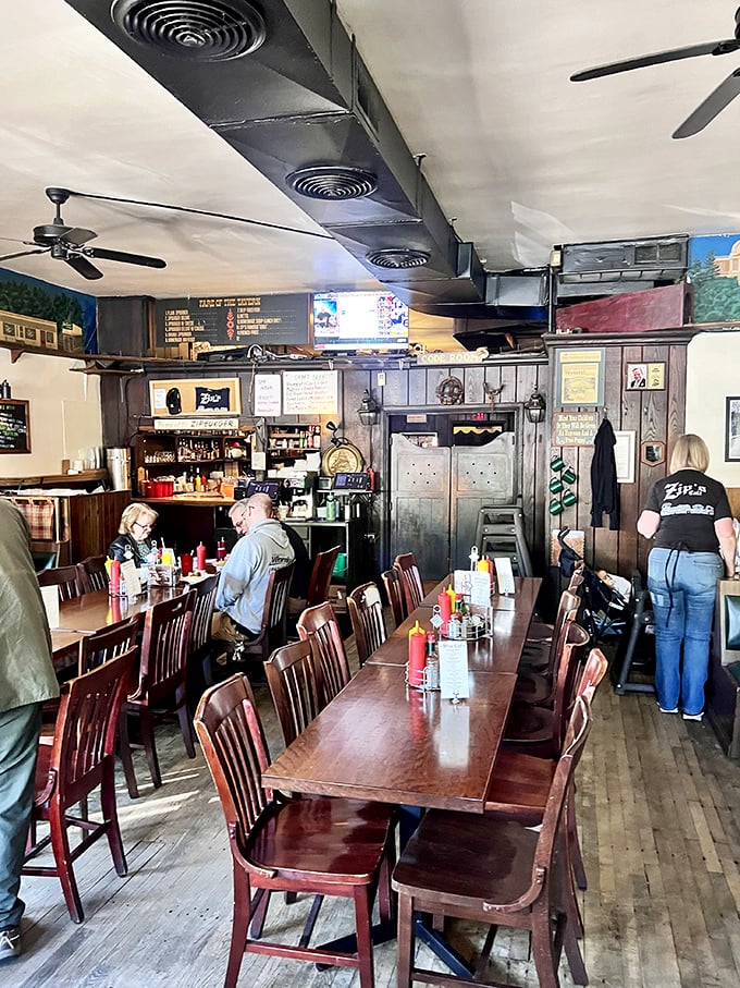 Long wooden tables invite communal dining, where strangers become friends over shared stories and the mutual appreciation of a perfect burger.