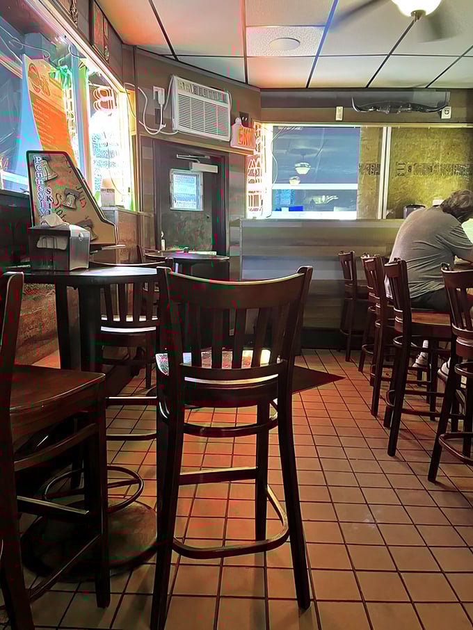 Simple wooden chairs and tables—because when the food is this good, you don't need fancy furniture distracting from the main event.