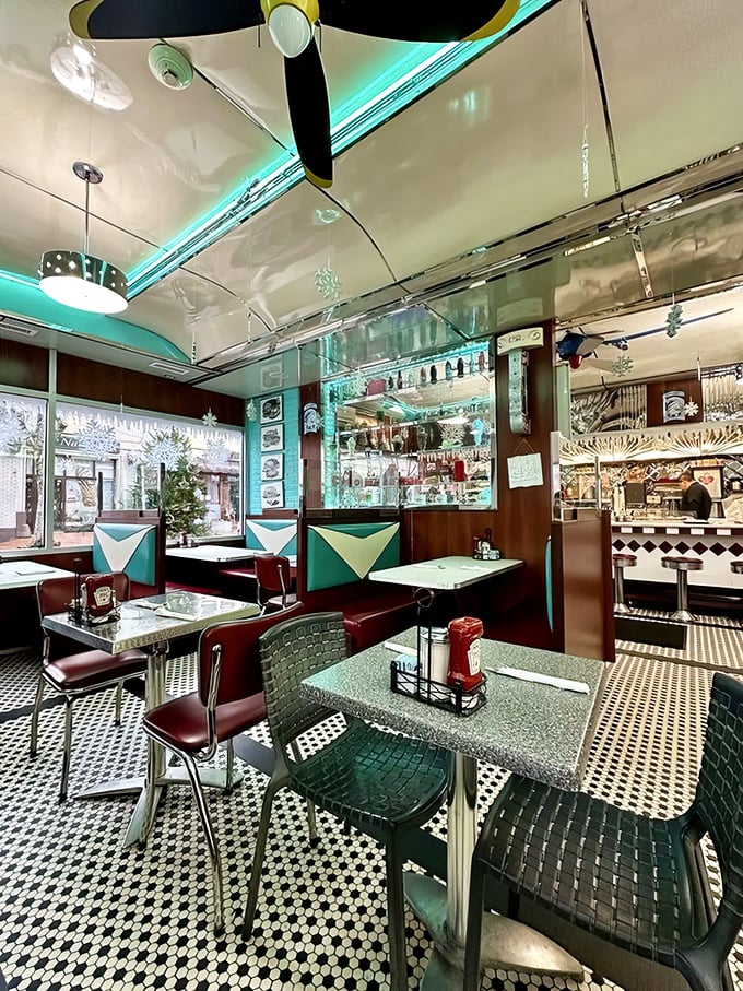 Retro-chic meets comfort in this corner booth paradise – where Route 66 memorabilia watches over countless first dates and family celebrations.