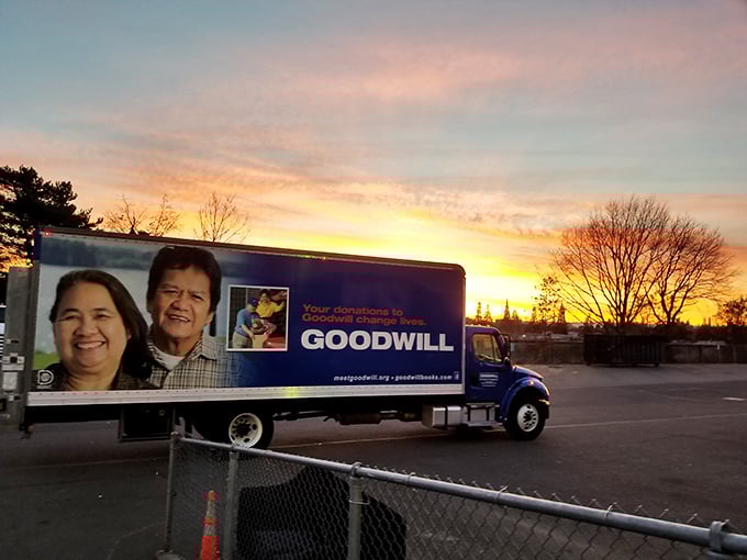 The Goodwill chariot at sunset. These trucks traverse neighborhoods collecting yesterday's belongings that become tomorrow's vintage finds.
