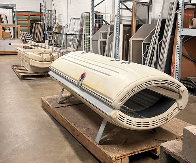 What looks like a vintage spaceship is actually a tanning bed. The '80s called and they're thrilled you're keeping their aesthetic alive.