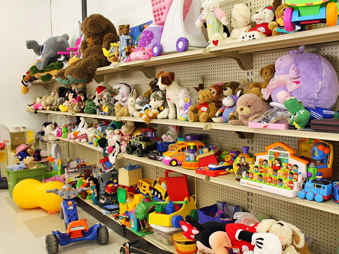 The toy section: where childhood memories get recycled. That stuffed dog might have been someone's best friend, and now it's ready for new adventures.