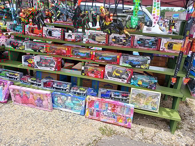 Childhood joy stacked three shelves high—these toys aren't trapped behind plastic packaging but waiting for imaginative new owners.
