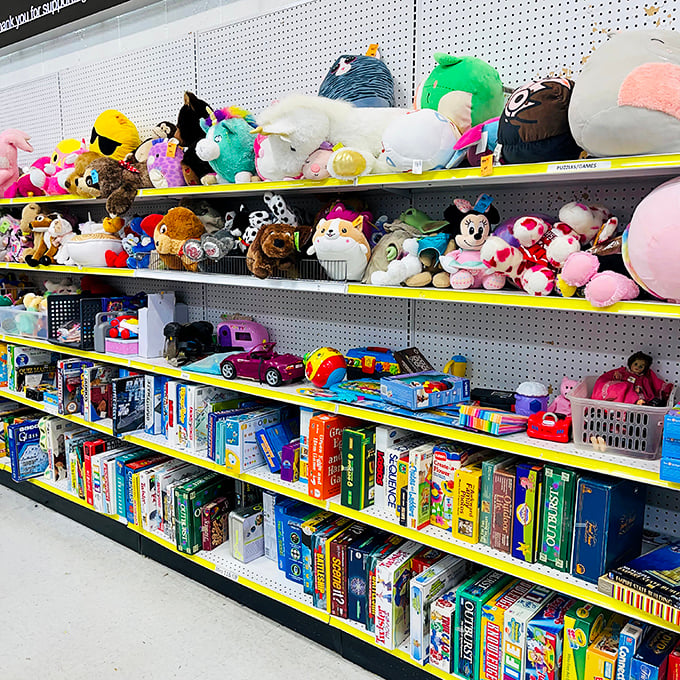 Stuffed animals perch like colorful sentinels above board games that promise family fun or spectacular arguments, depending on who draws the "Go Back Three Spaces" card. 