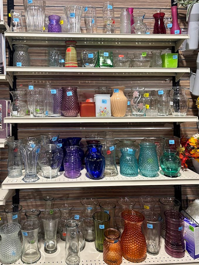 The glassware section sparkles with potential under the fluorescent lights. From everyday tumblers to special occasion crystal, liquid vessels for every need.
