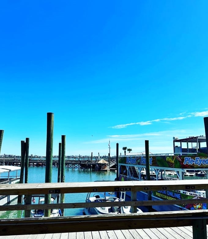 The view from the deck is pure South Carolina postcard material—blue skies meeting bluer water, dotted with boats and possibility.