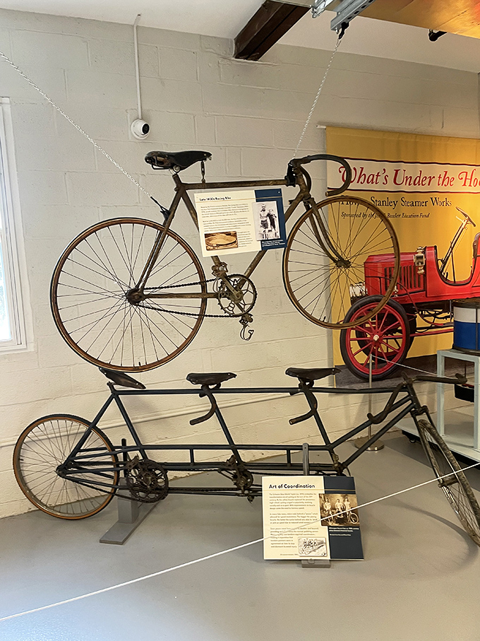 The art of coordination indeed! These vintage bicycles showcase transportation innovation before the automobile, including a tandem that surely tested many marriages.
